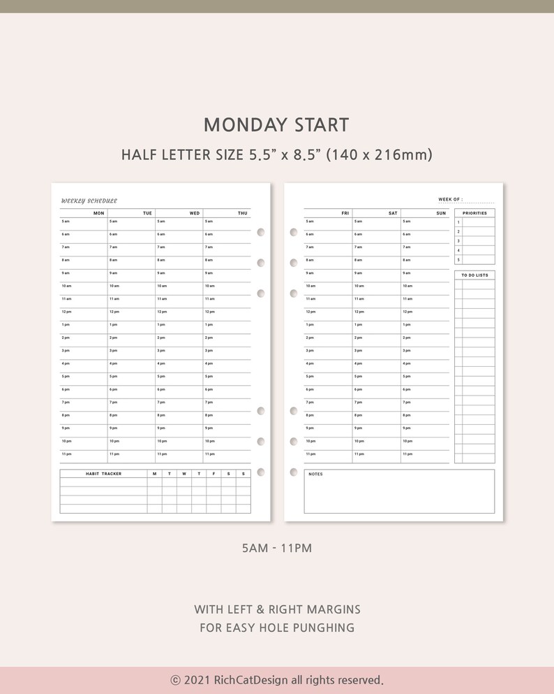 Half Weekly Hourly Planner Printable, Undated Weekly Schedule, Week on ...