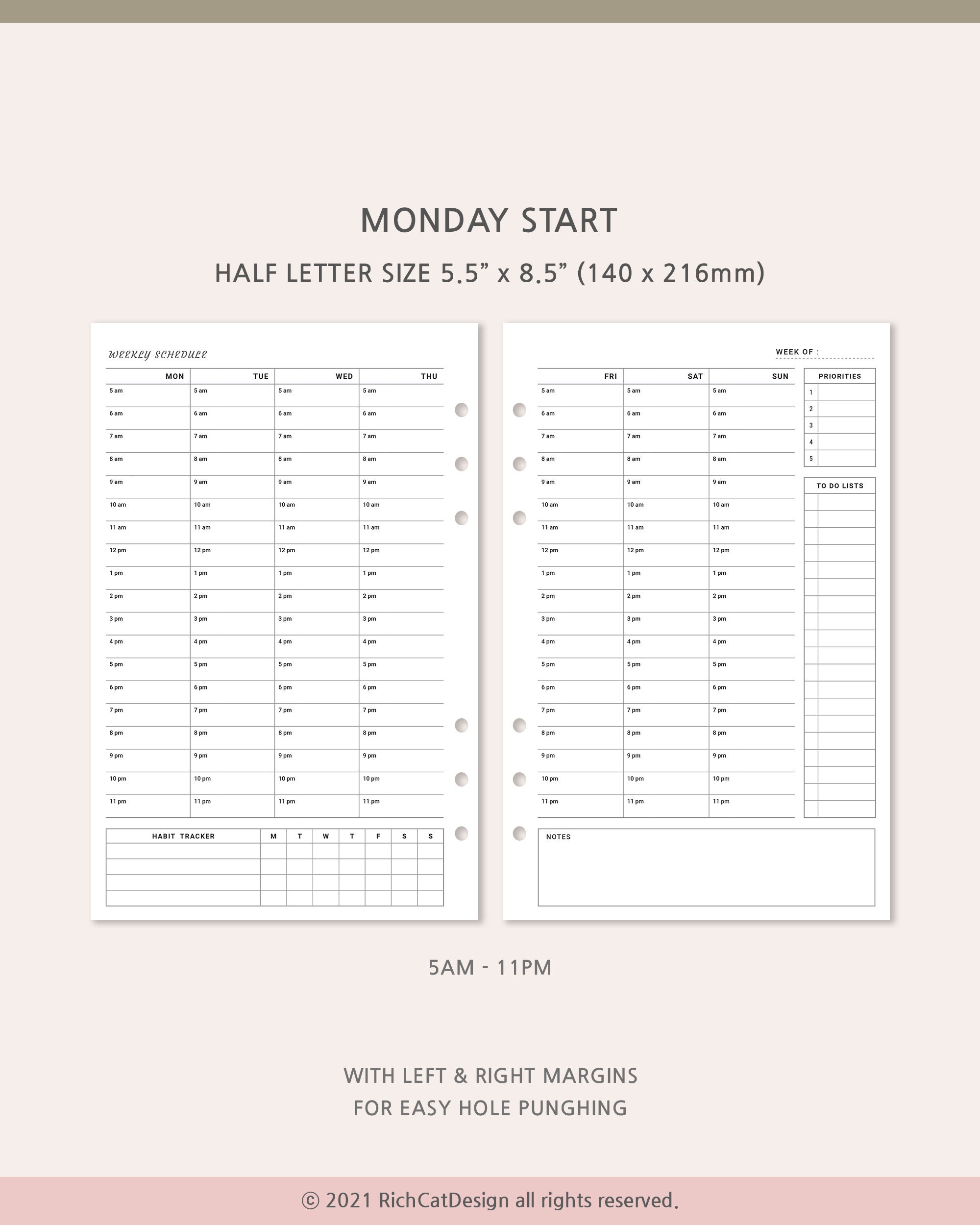 Half Weekly Hourly Planner Printable, Undated Weekly Schedule, Week on ...