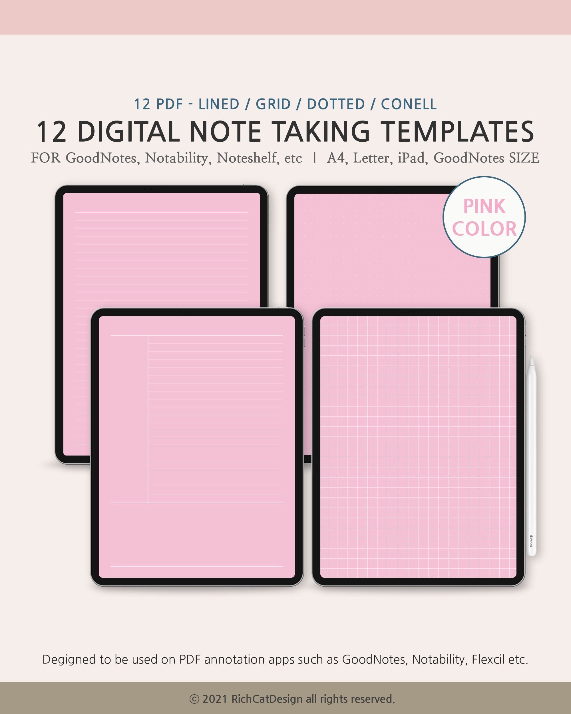 Goodnotes Template Pink, Basic Note Bundle, Pink Digital Note Taking ...