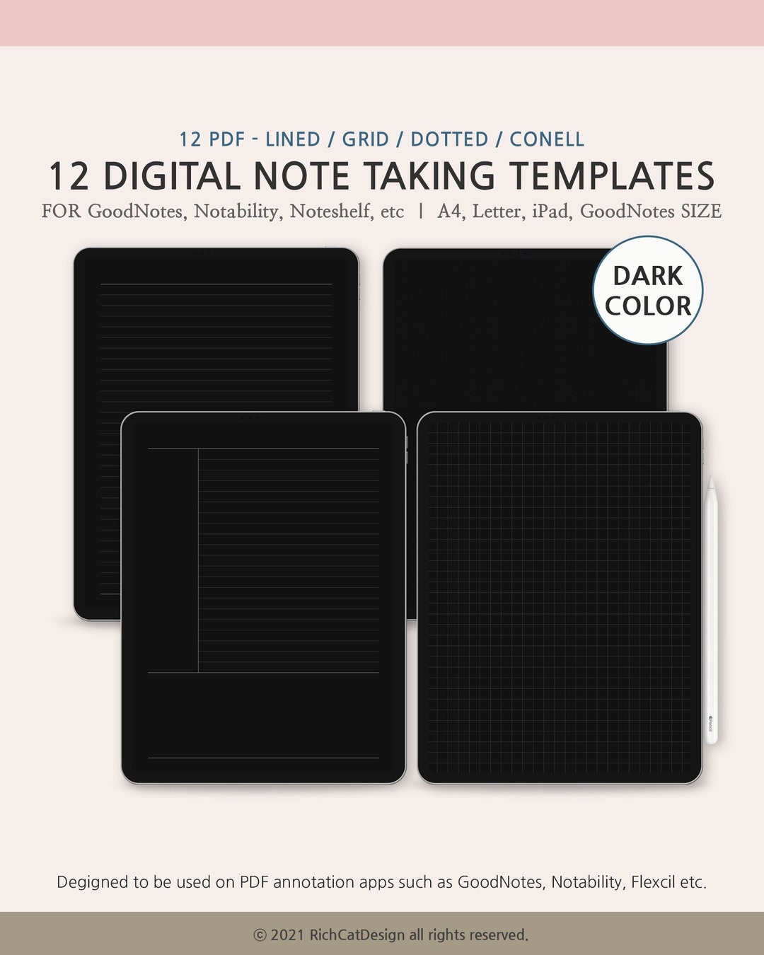 Dark Goodnotes Template, Basic Note Bundle, Black Digital Note Taking ...