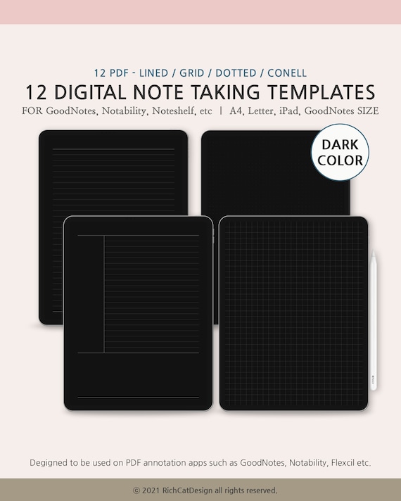 Dark Goodnotes Template Basic Note Bundle Black Digital Note | Etsy