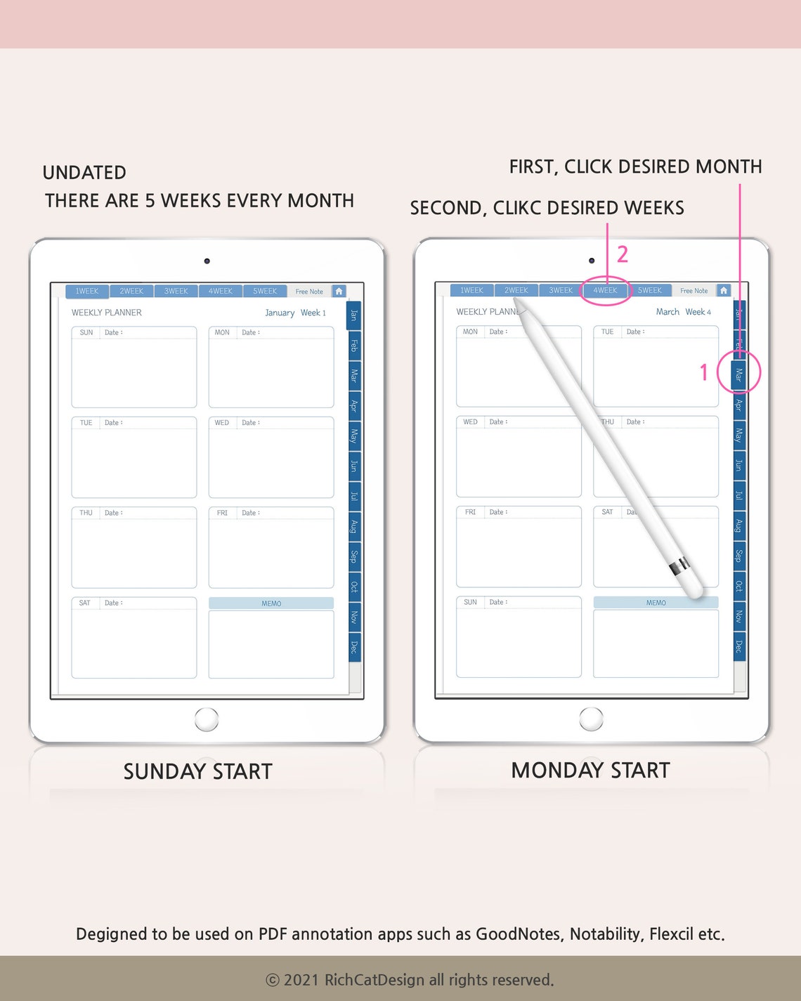 Digital Weekly Planner, Blue Digital Planner, Weekly Planner, Goodnotes ...