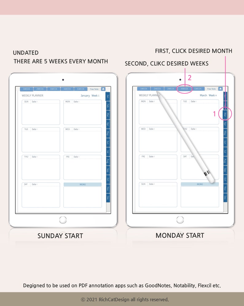 Digital Weekly Planner, Blue Digital Planner, Weekly Planner, Goodnotes ...