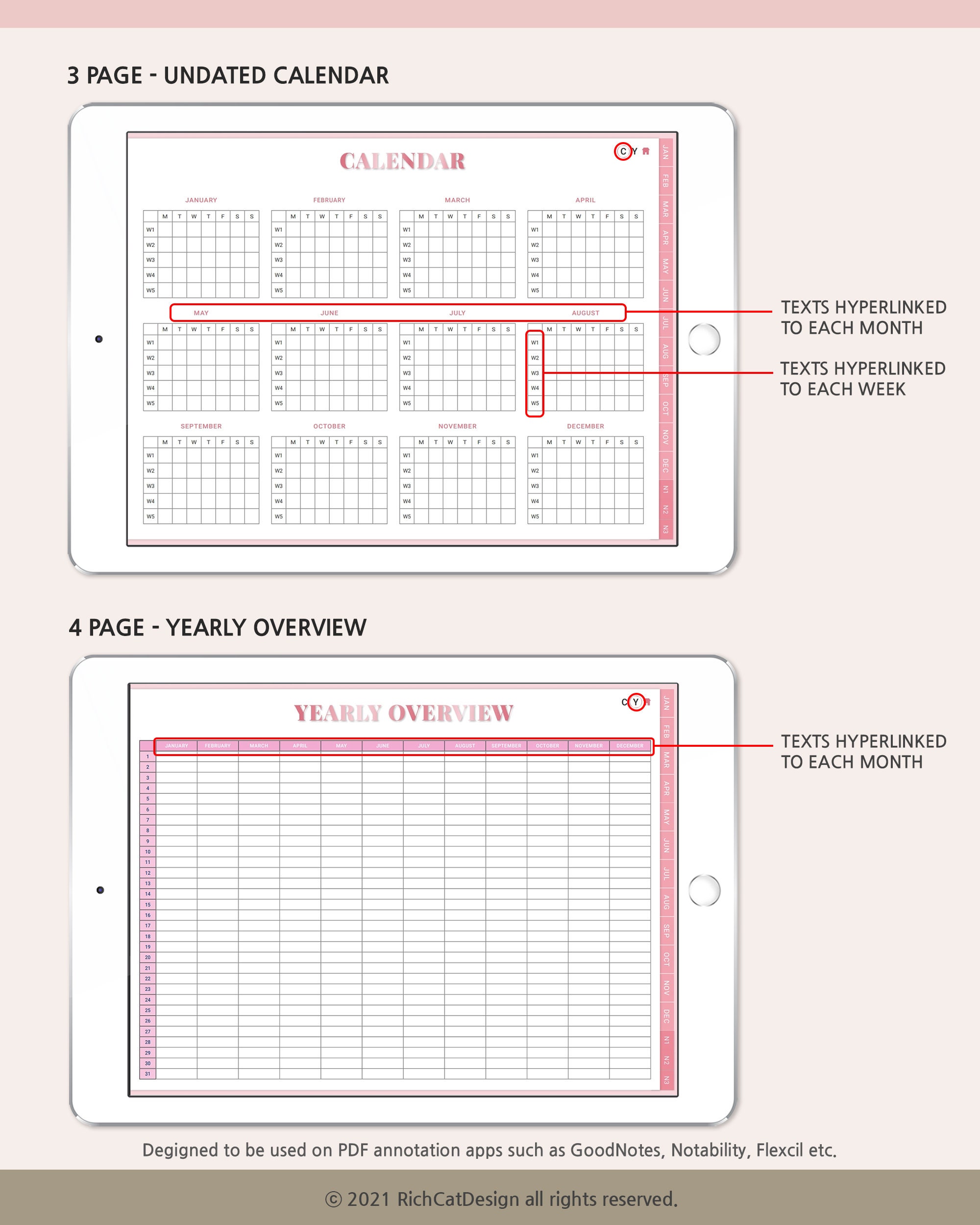 Undated Monthly Digital Planner, Pink iPad Planner, Goodnotes ...