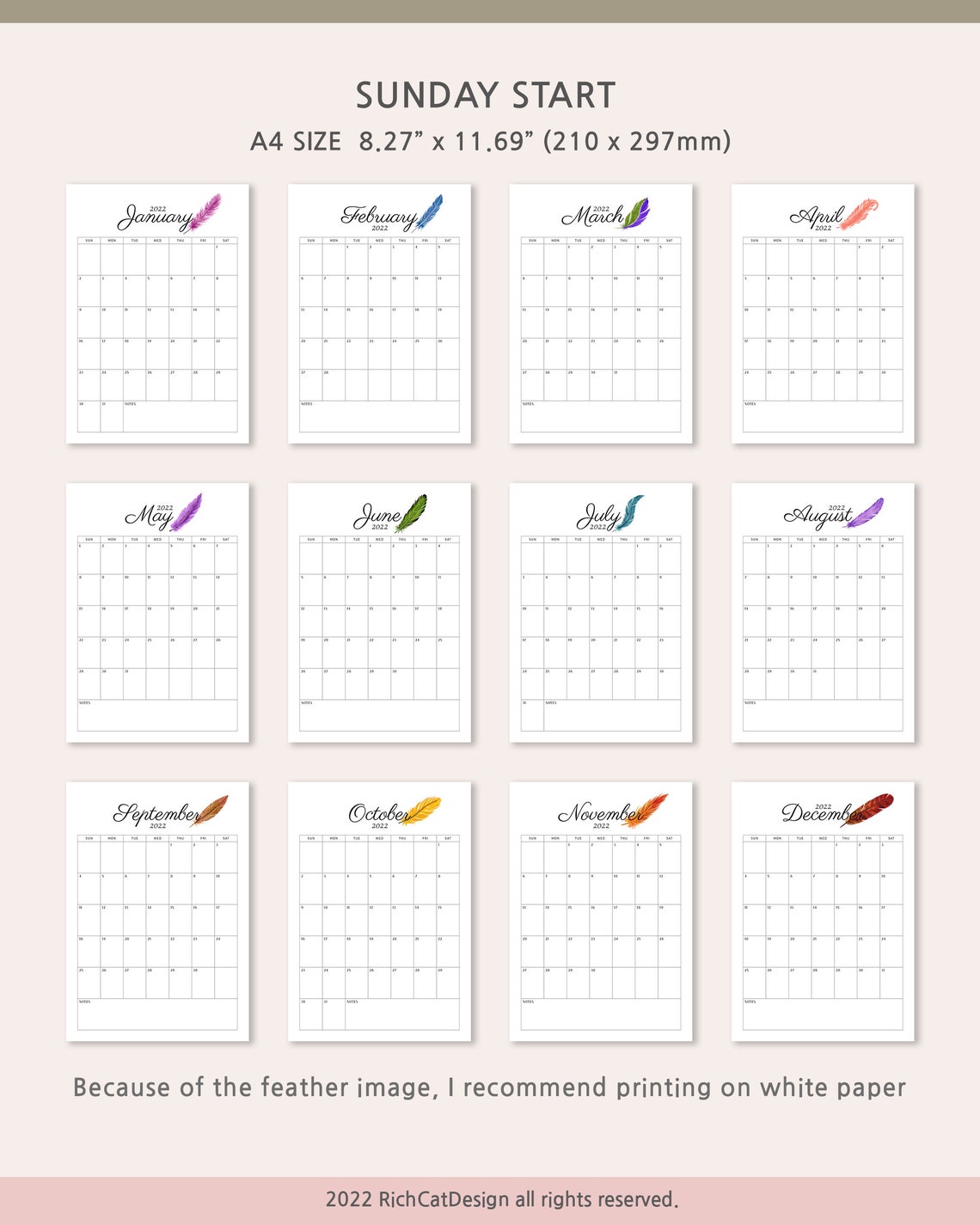 2022 Monthly Planner Printable 2022 Calendar Feather - Etsy