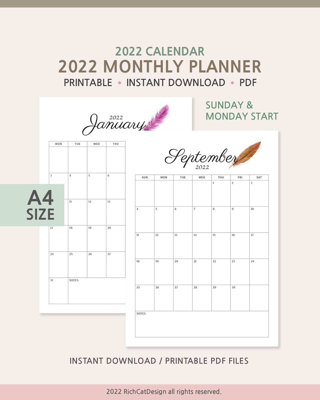 2022 Monthly Planner Printable, 2022 Calendar Feather Illustration ...