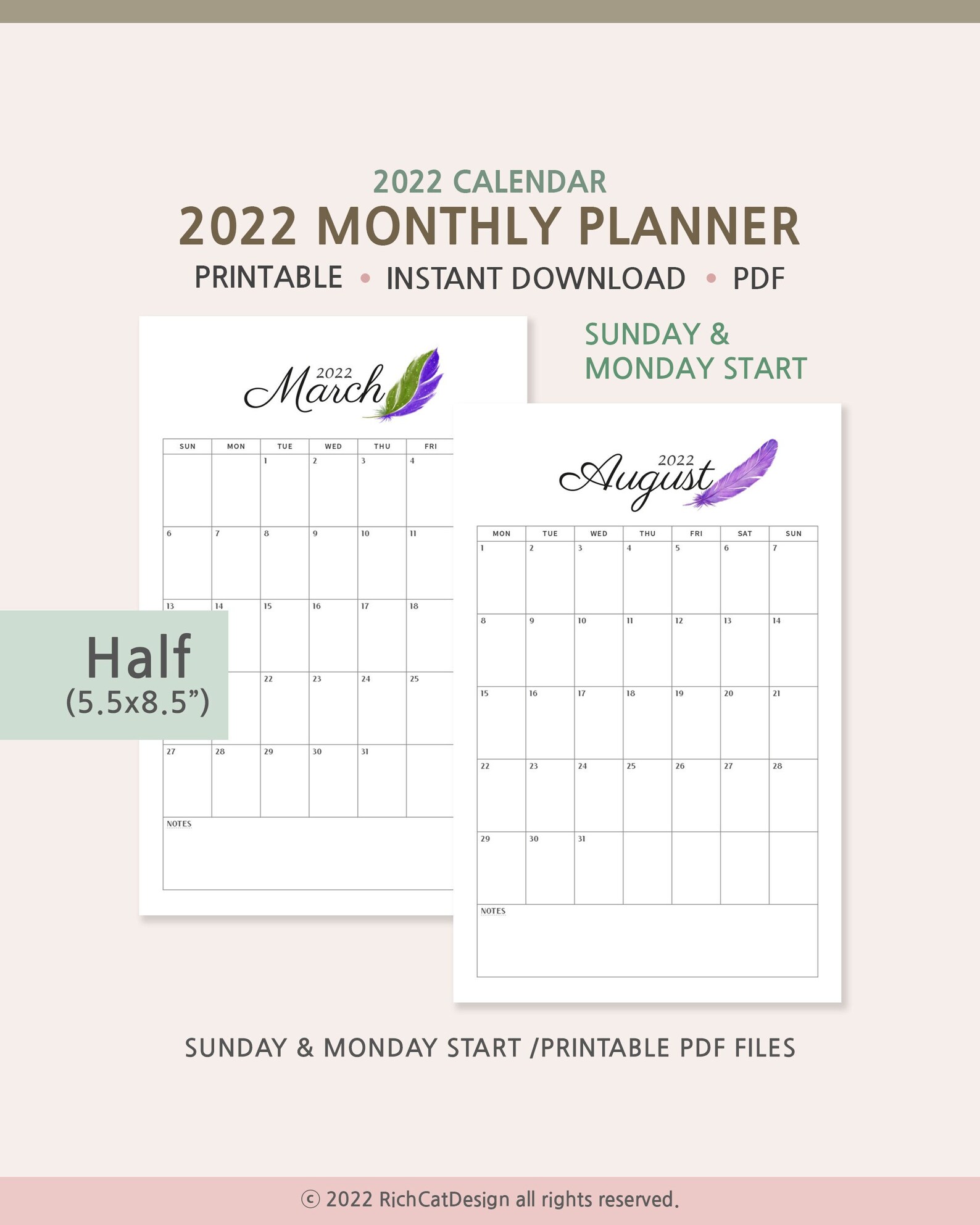 2022 Monthly Planner Printable, 2022 Calendar, Feather Calendar, 2022 ...