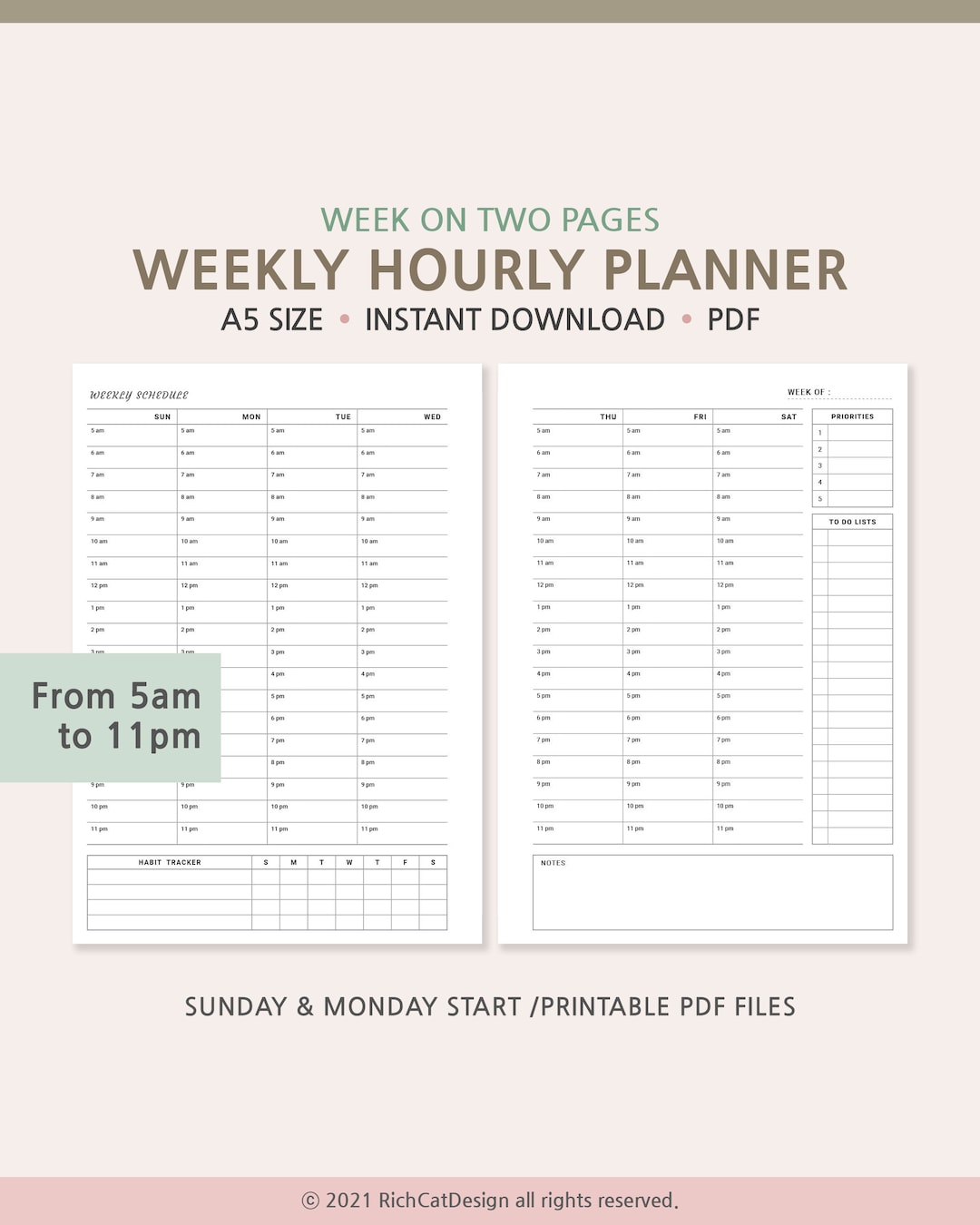Weekly Hourly Planner, A5 Undated Weekly Schedule, Week on Two Pages ...