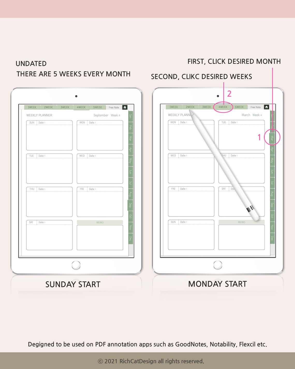 Digital Weekly Planner, Green Digital Planner, Weekly Planner ...