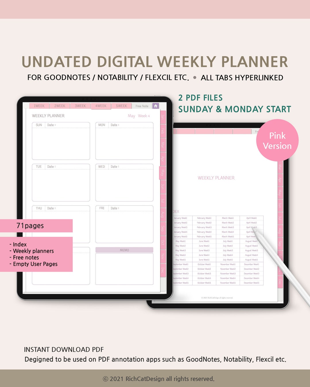 Digital Weekly Planner, Pink Digital Planner, Weekly Planner, Goodnotes ...