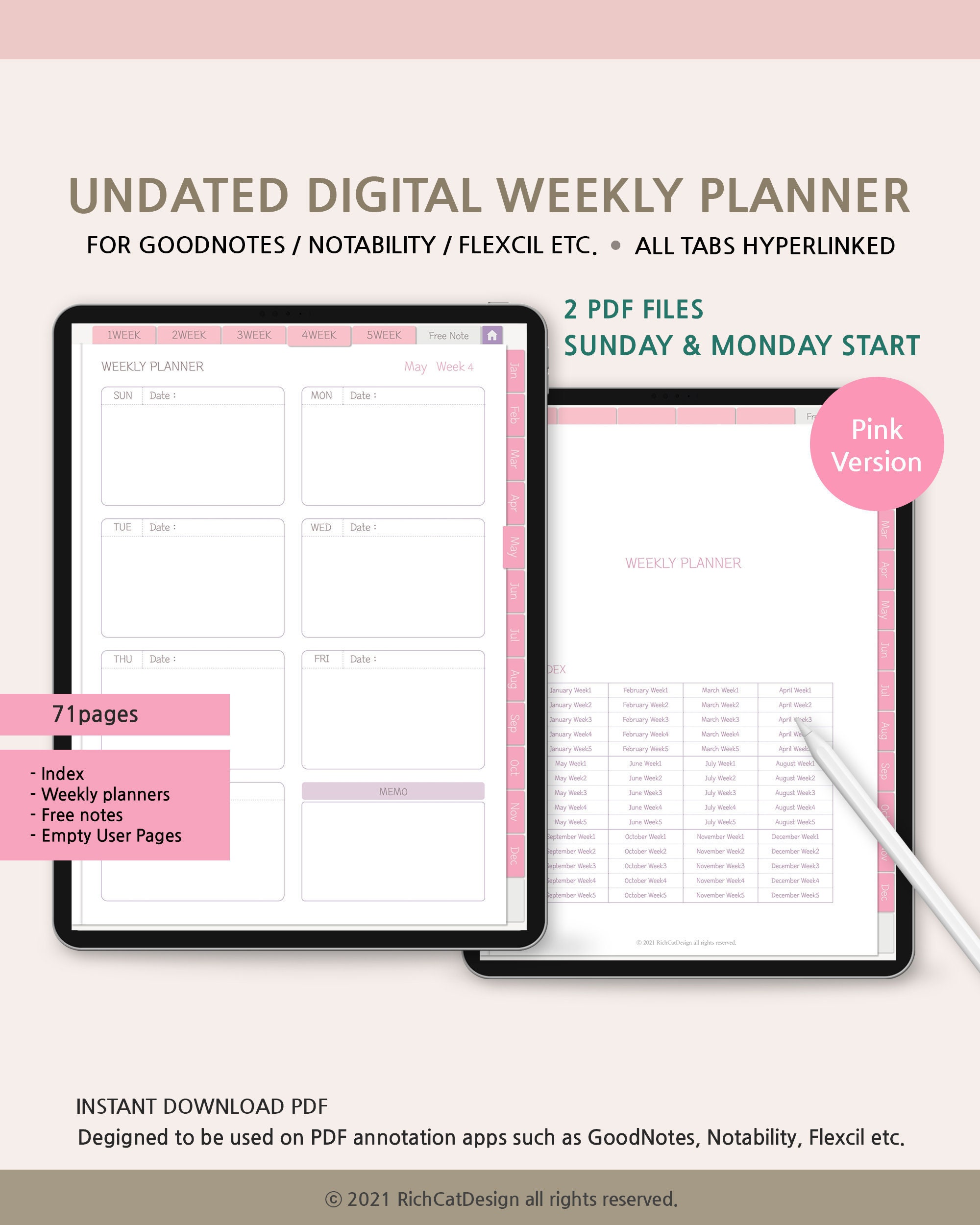 Digital Weekly Planner, Pink Digital Planner, Weekly Planner, Goodnotes ...