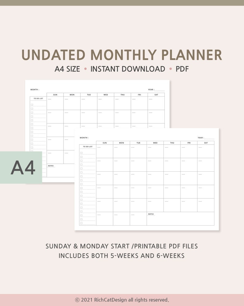 Undated Monthly Planner, A4 Undated Planner Template, A4 Horizontal ...