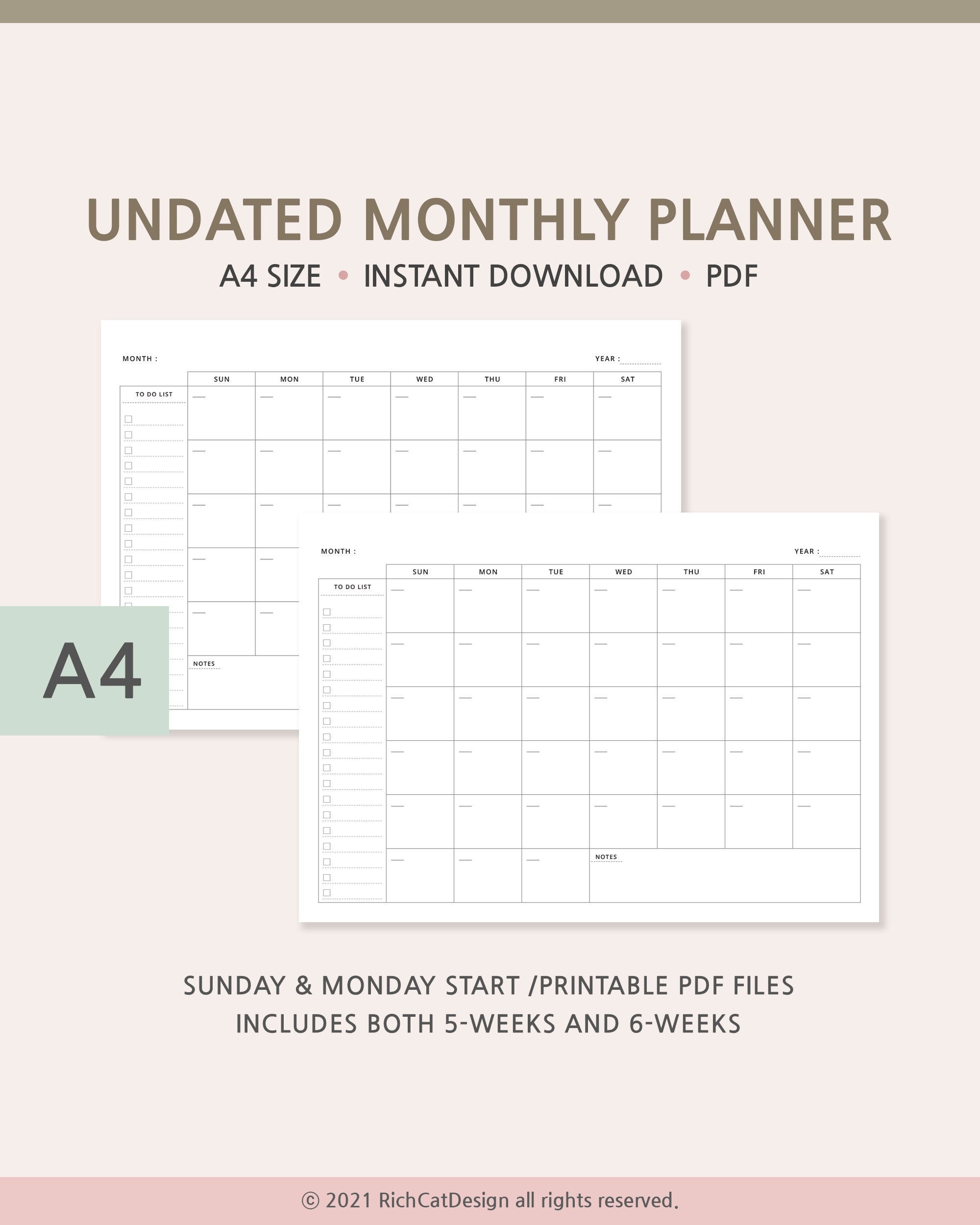 Undated Monthly Planner, A4 Undated Planner Template, A4 Horizontal ...
