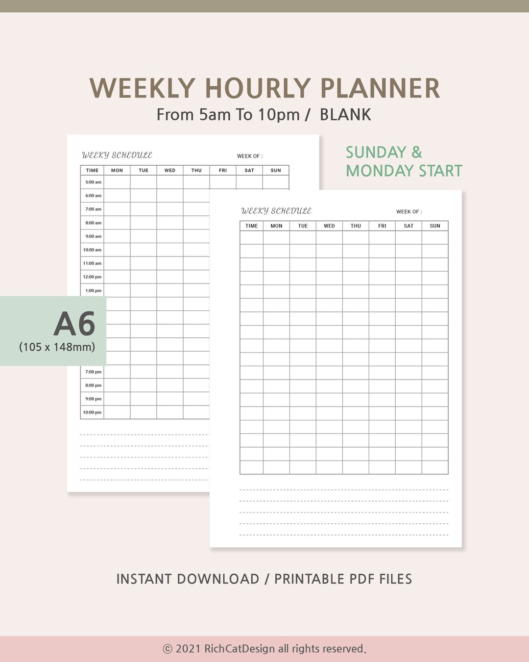 A6 Weekly Hourly Planner Printable, Undated Weekly Schedule, Student ...