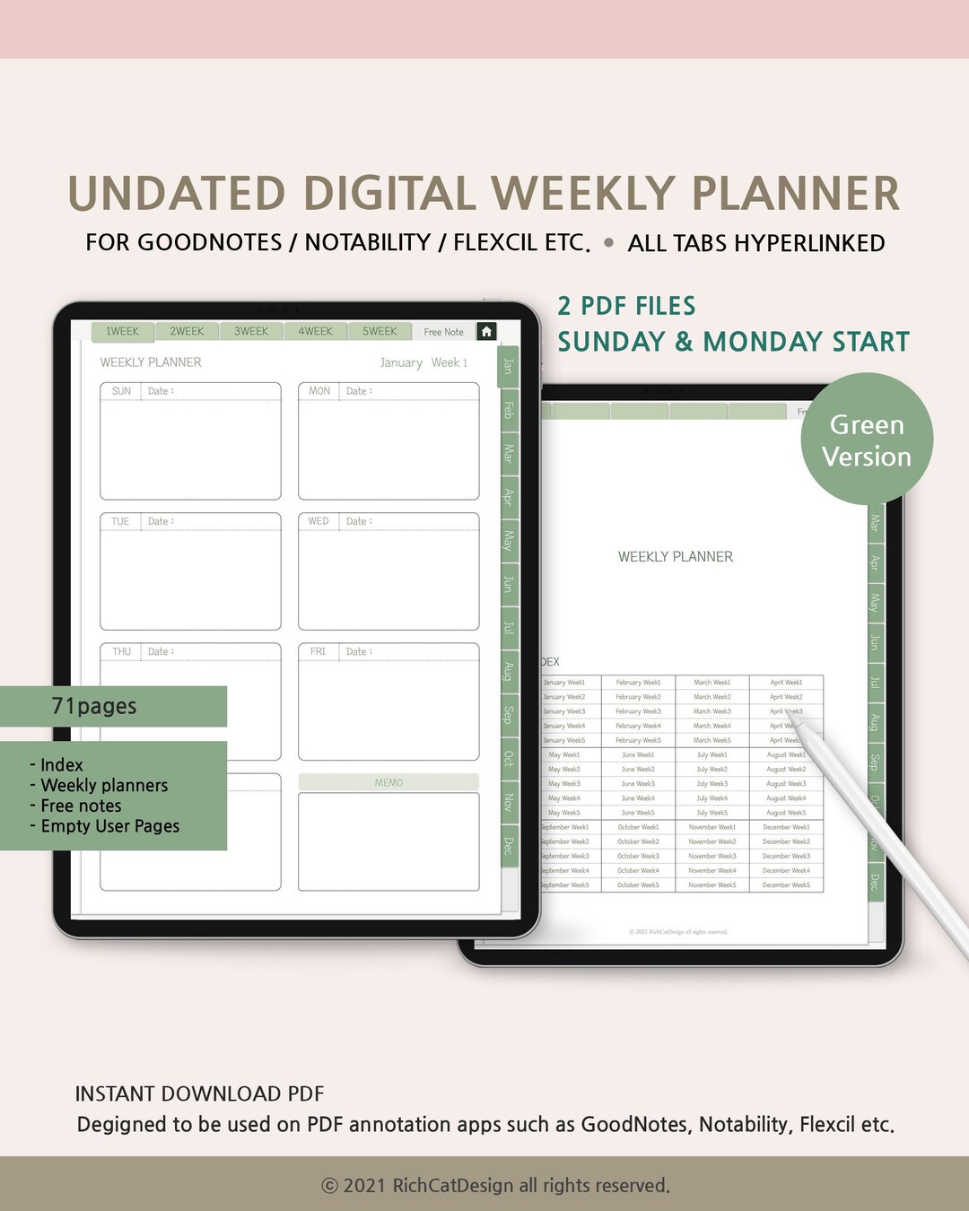 Digital Weekly Planner, Green Digital Planner, Weekly Planner ...
