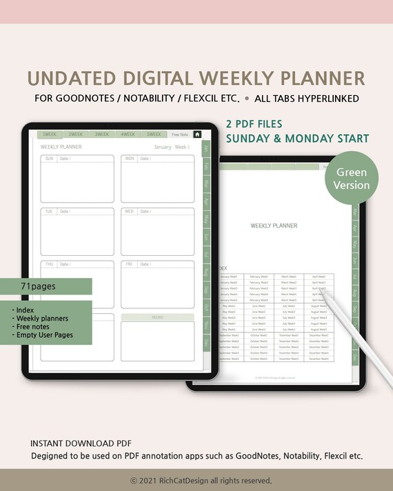 Digital Weekly Planner Green Digital Planner Weekly Planner | Etsy