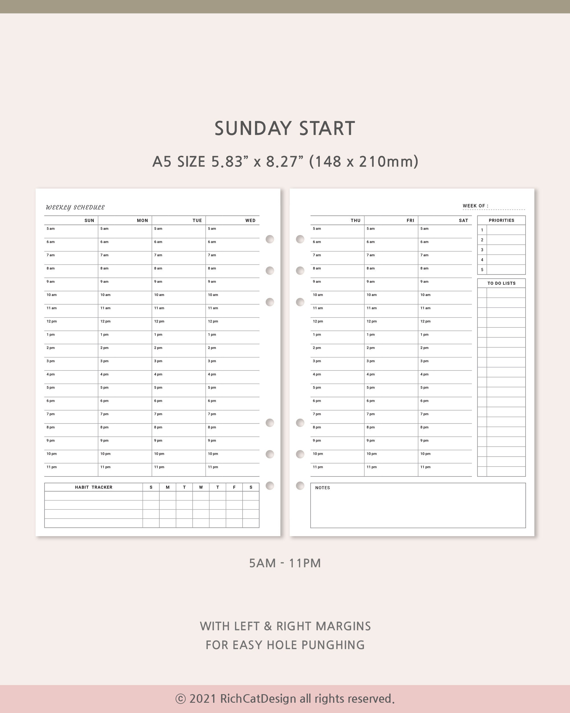 Weekly Hourly Planner, A5 Undated Weekly Schedule, Week on Two Pages ...