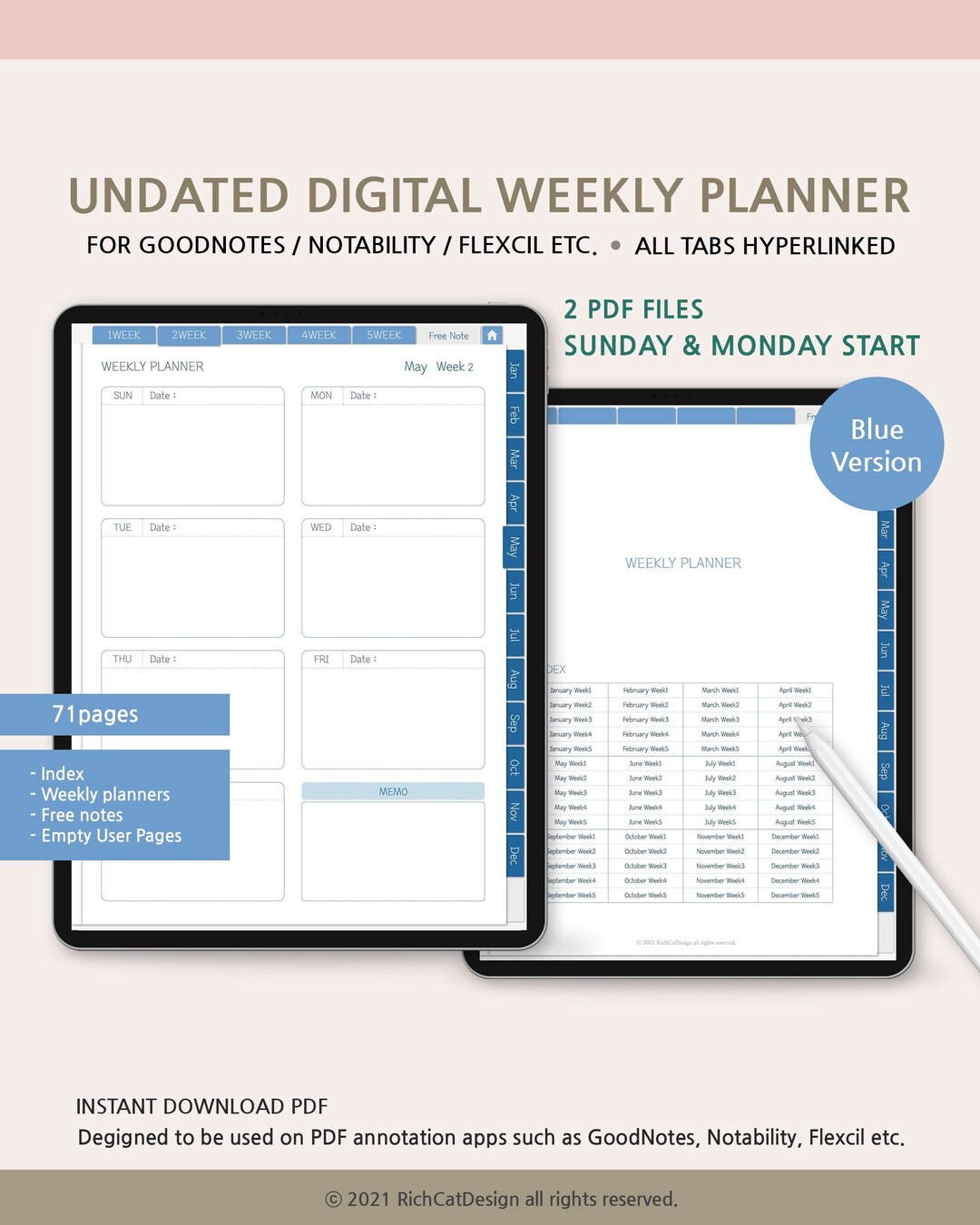 Digital Weekly Planner, Blue Digital Planner, Weekly Planner, Goodnotes ...
