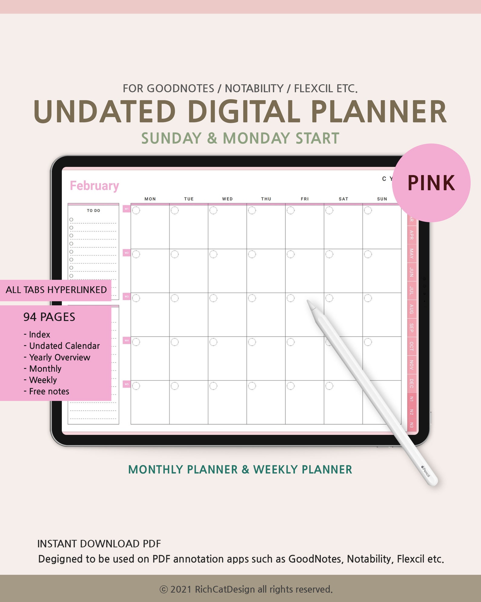 Undated Monthly Digital Planner, Pink iPad Planner, Goodnotes ...