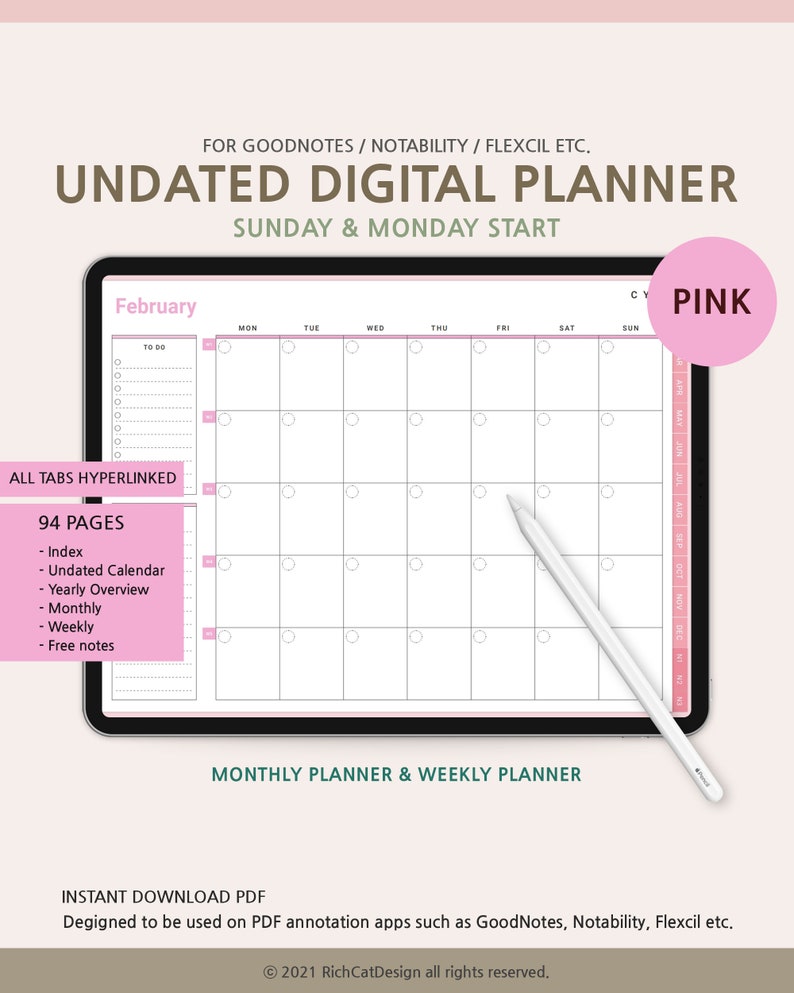Undated Monthly Digital Planner, Pink iPad Planner, Goodnotes ...