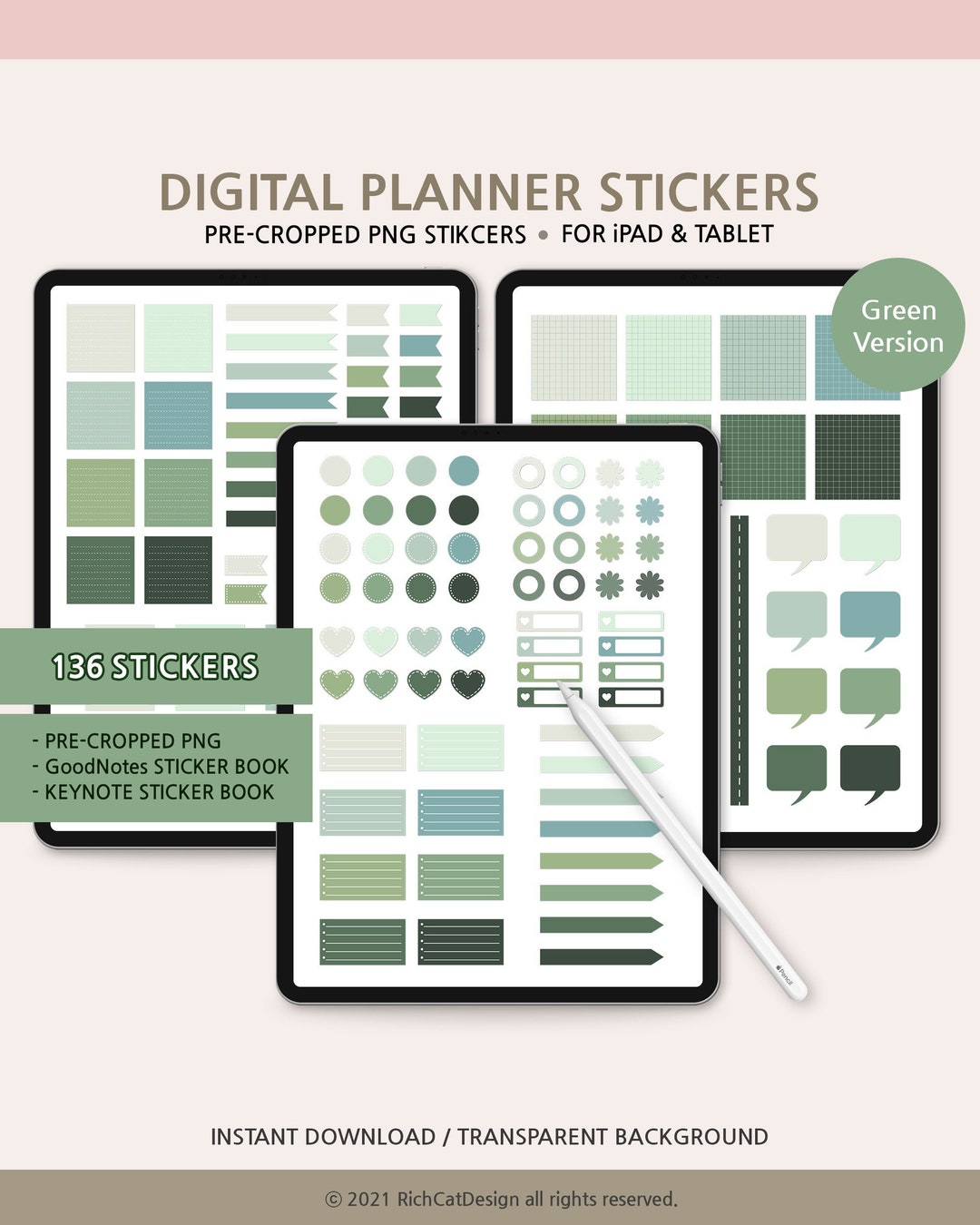 Green Digital Stickers, PNG Stickers, iPad Stickers, Digital Planner ...