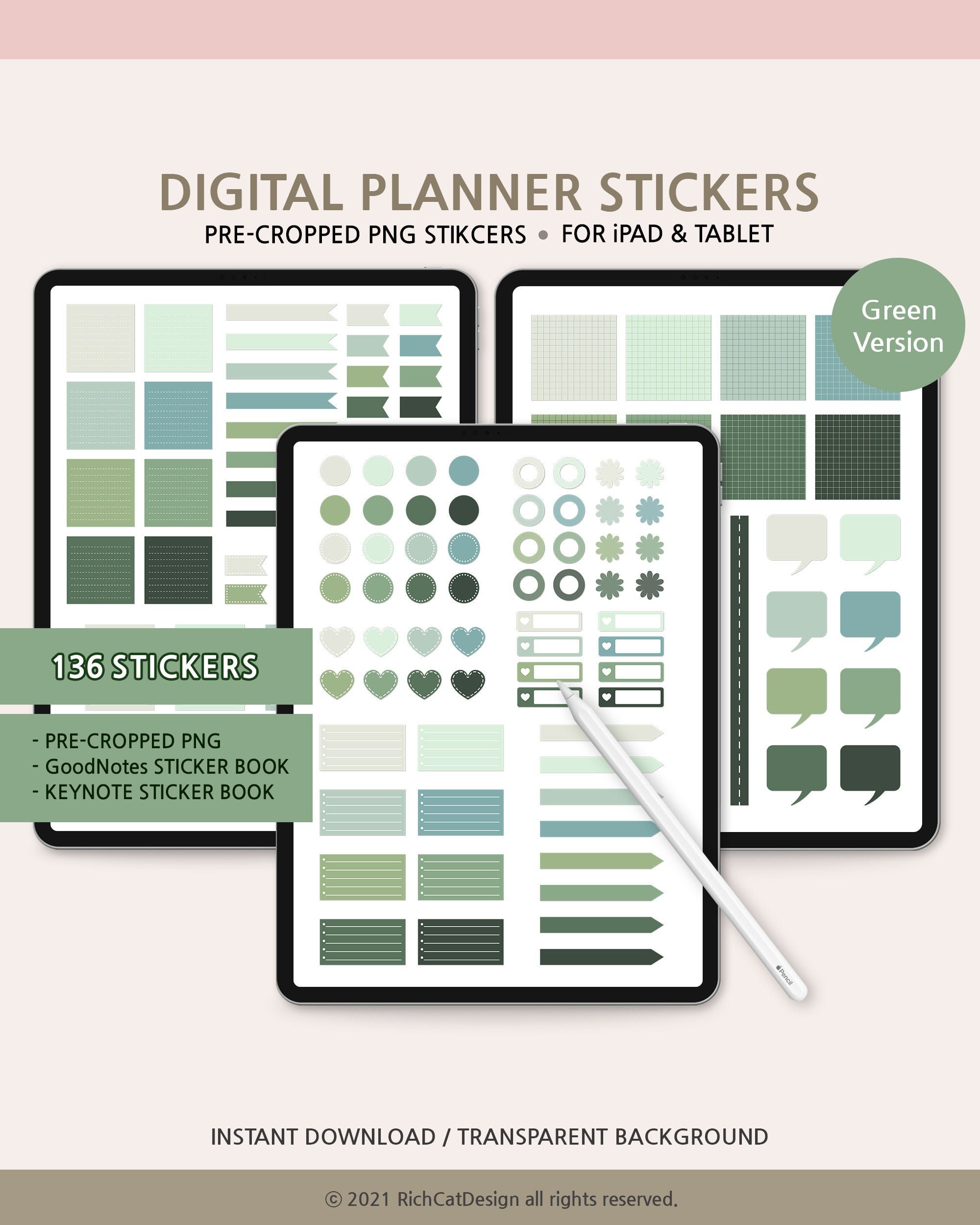 Green Digital Stickers, PNG Stickers, iPad Stickers, Digital Planner ...