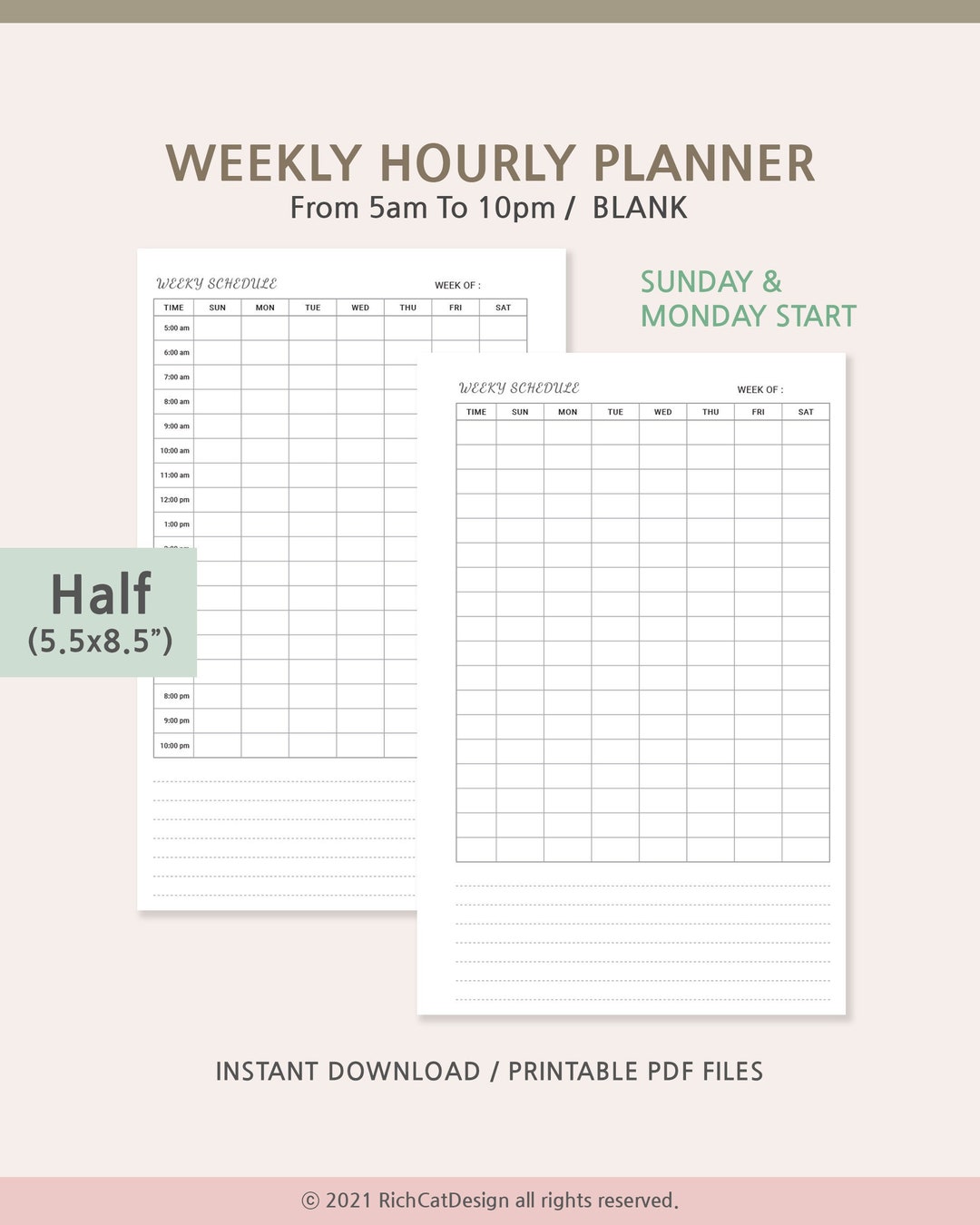 Half Weekly Hourly Planner Printable, Undated Weekly Schedule, Half ...