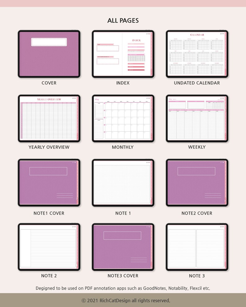 Undated Monthly Digital Planner, Pink iPad Planner, Goodnotes ...