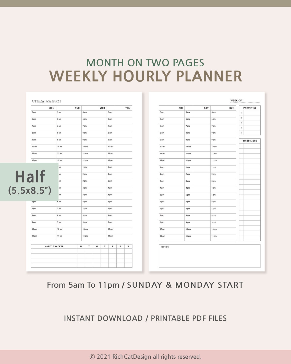 Half Weekly Hourly Planner Printable, Undated Weekly Schedule, Week on ...
