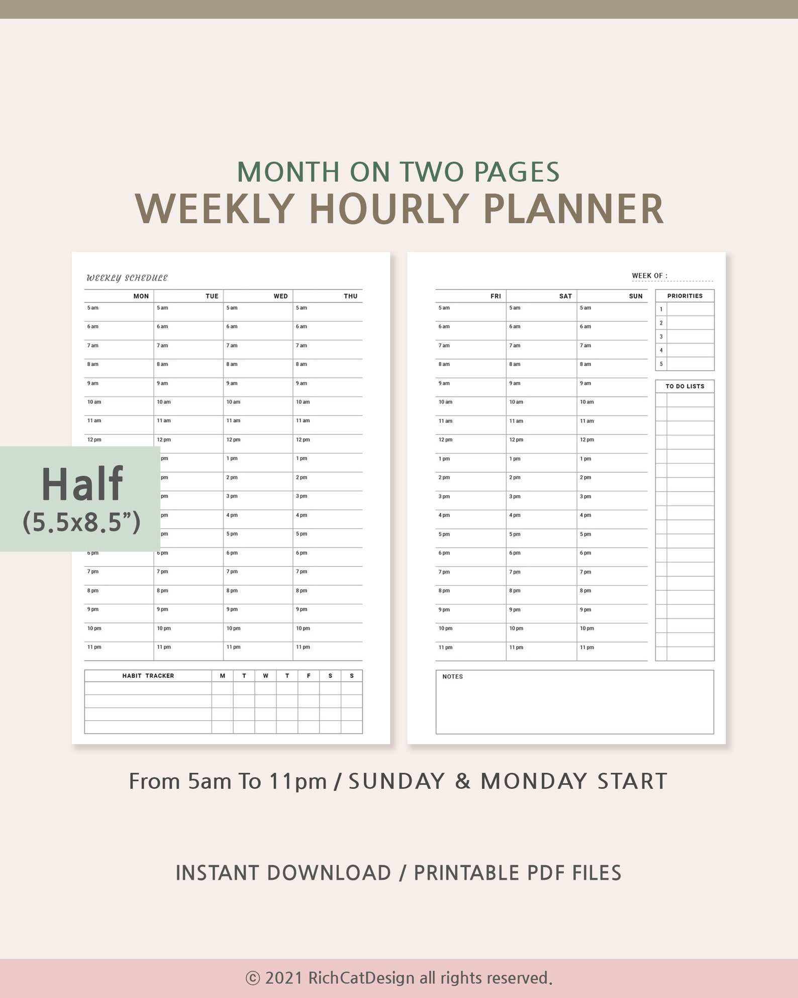 Half Weekly Hourly Planner Printable, Undated Weekly Schedule, Week on ...