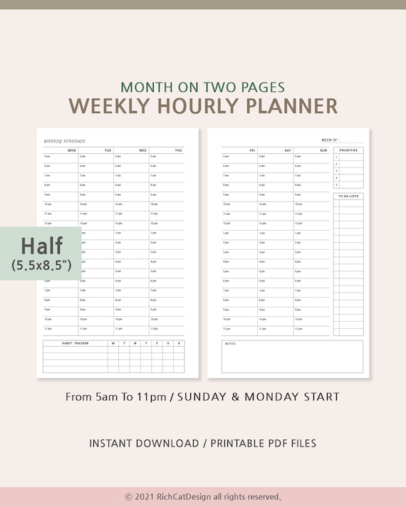 Half Weekly Hourly Planner Printable Undated Weekly Schedule - Etsy