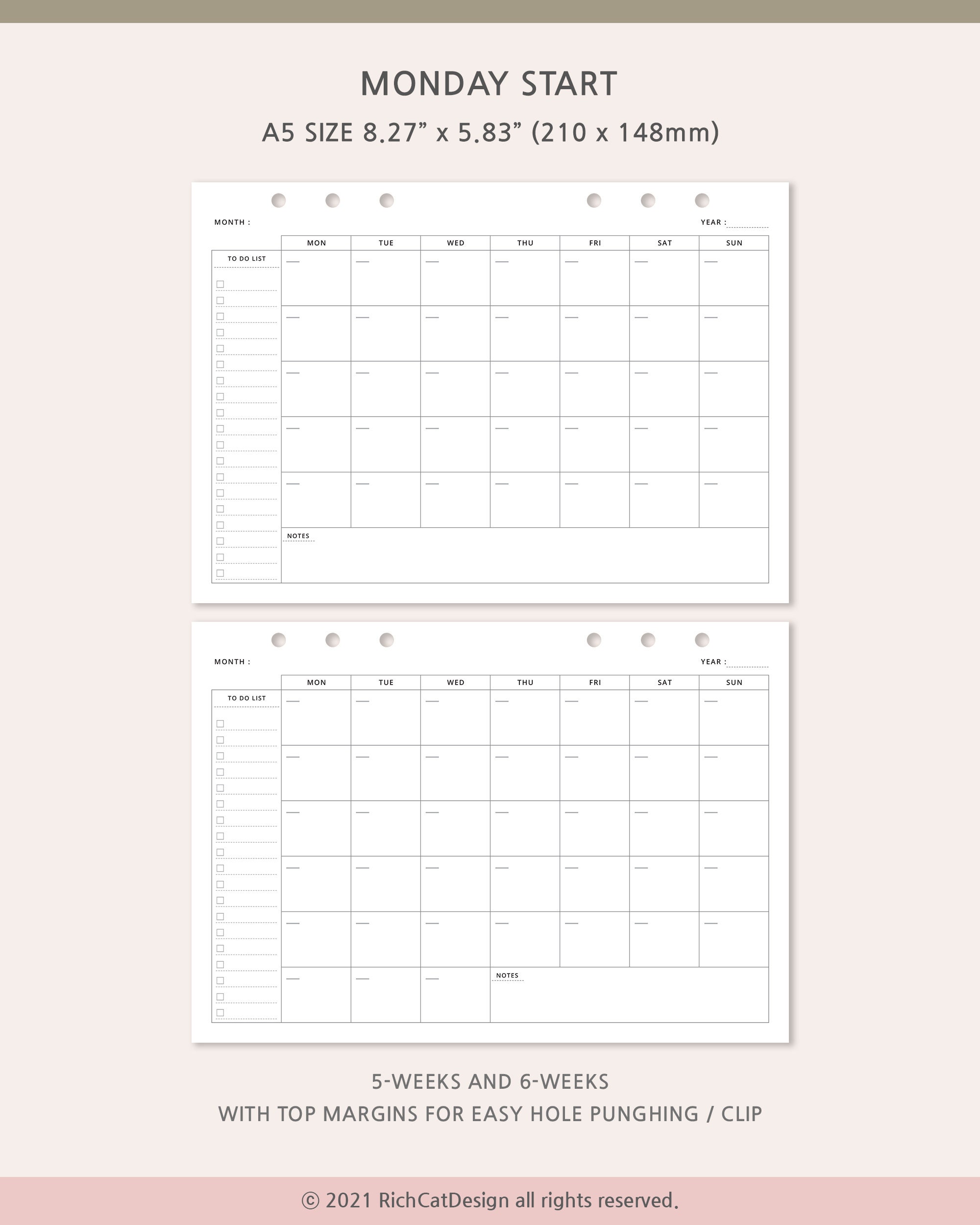 Undated Planner Template, A5 Undated Monthly Planner, A5 Horizontal ...