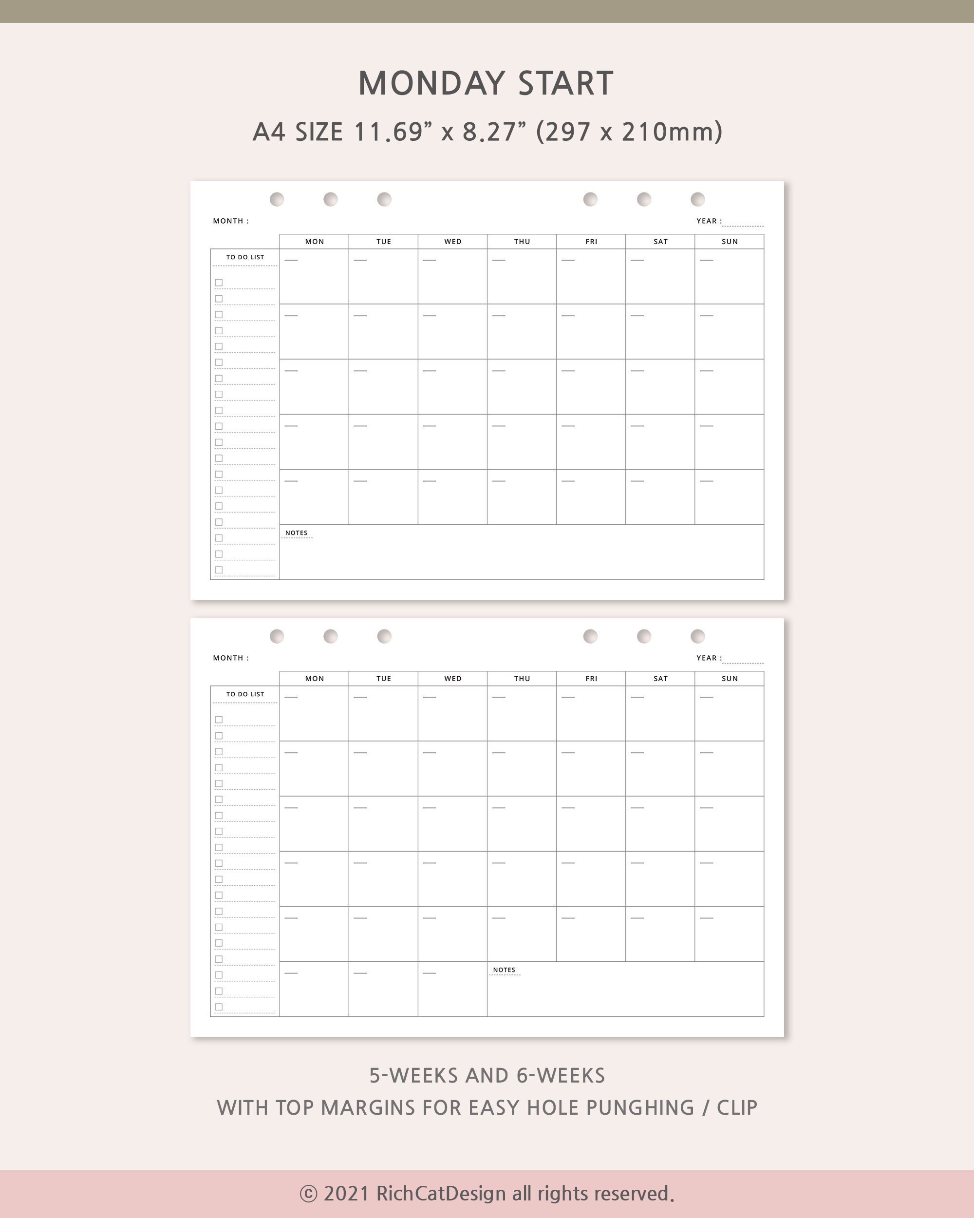 Undated Monthly Planner, A4 Undated Planner Template, A4 Horizontal ...