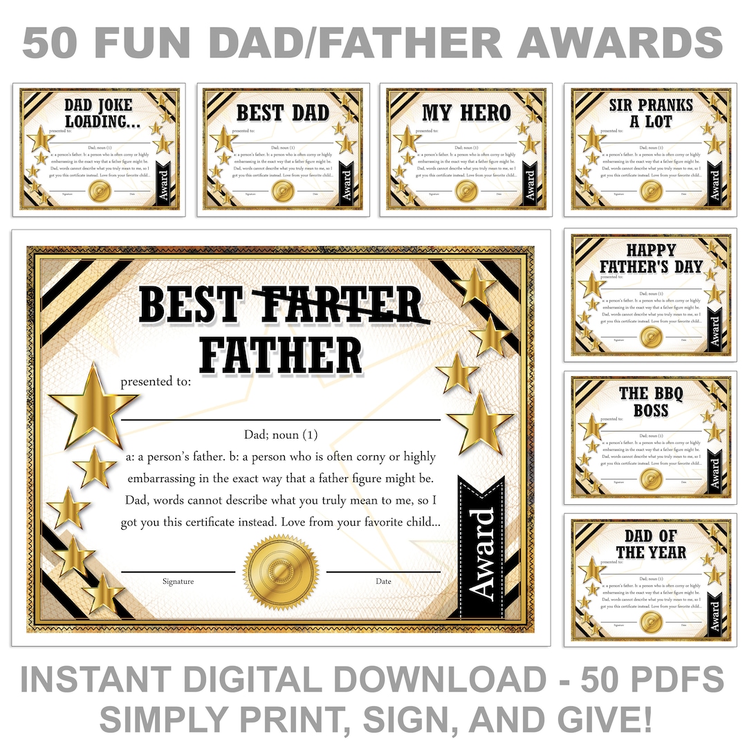 50 Dad Father's Day Certificate Awards Digital Download Printables ...