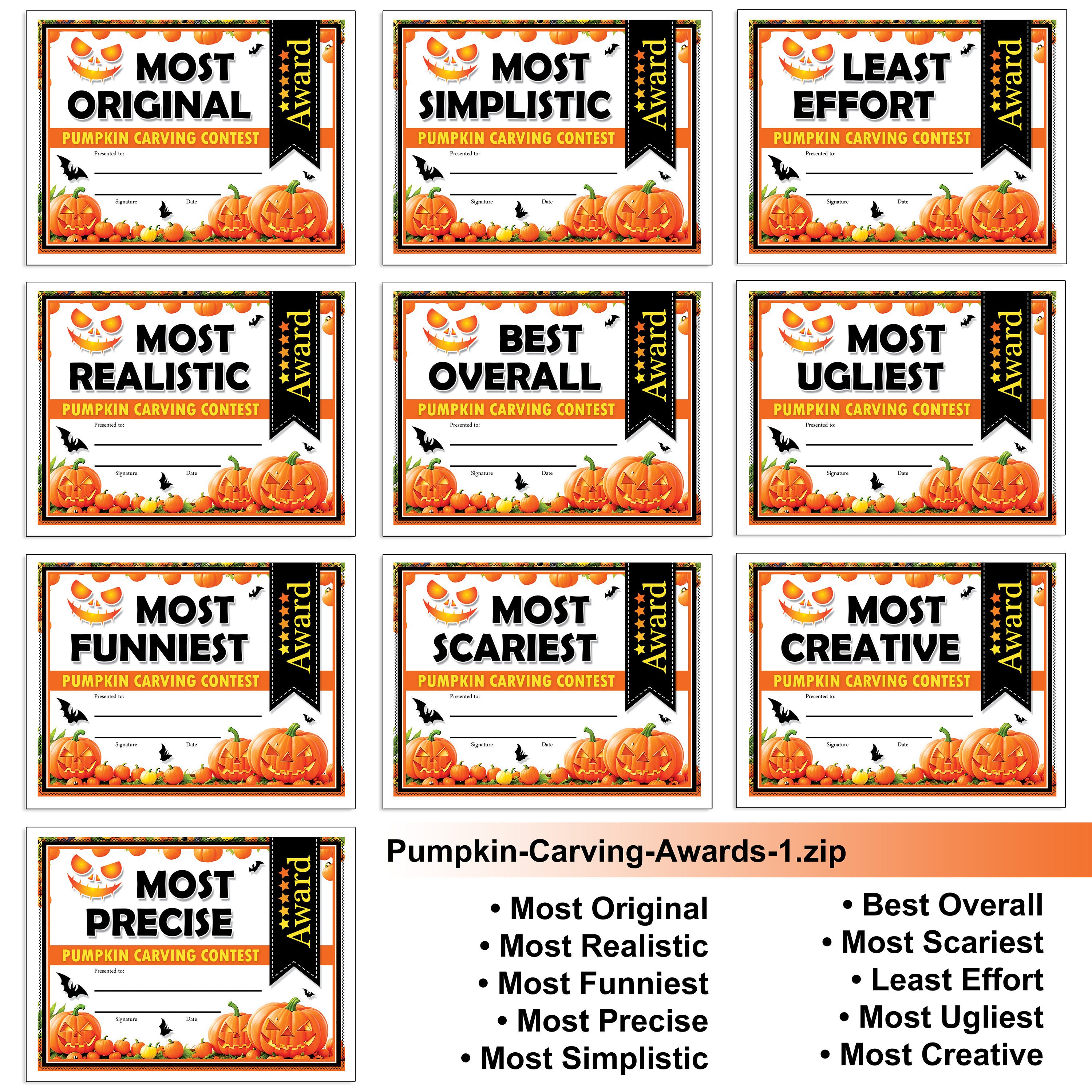 Pumpkin Carving Contest Awards: 30 Printable Certificates (digital ...