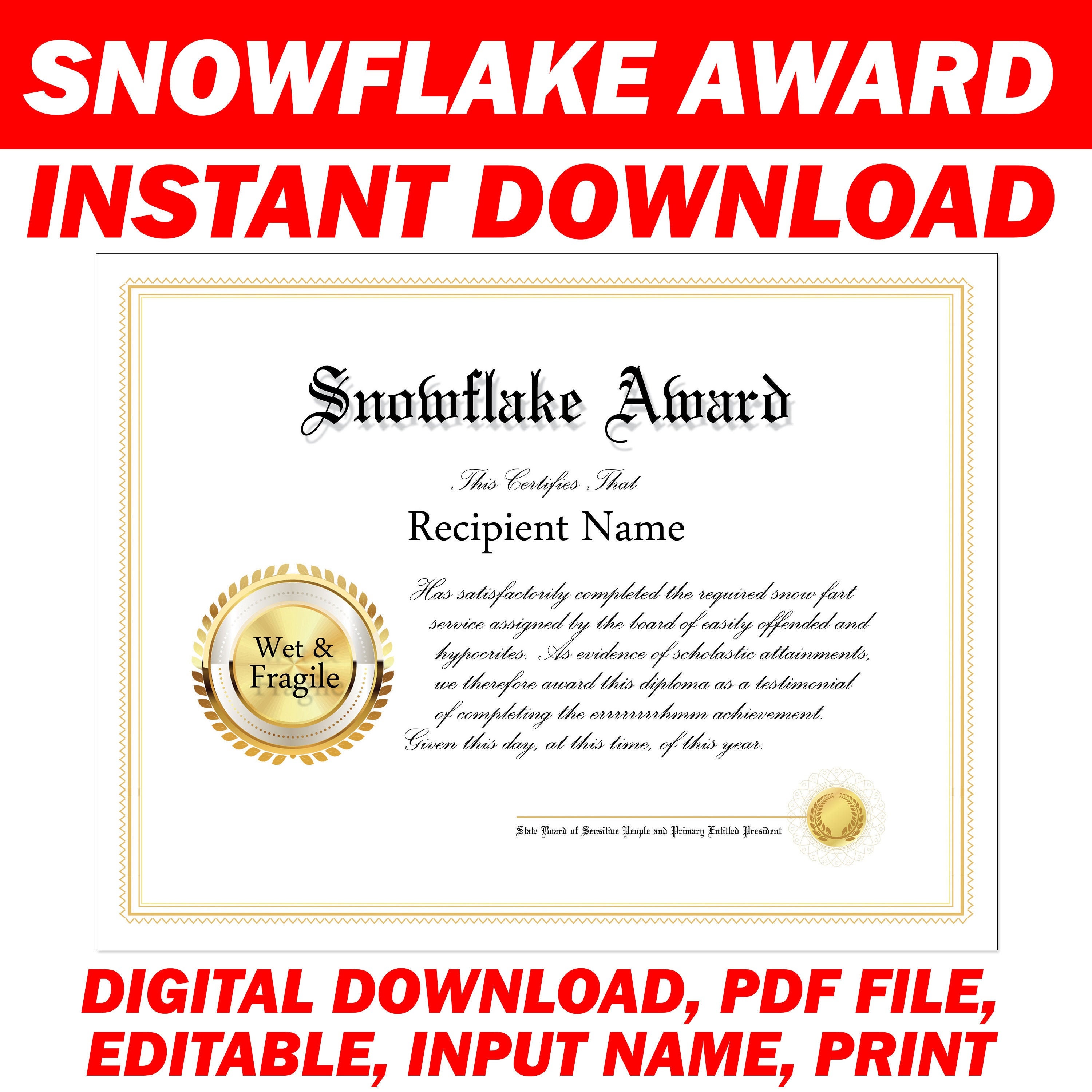 Snowflake Award Digital Download Only Editable PDF File | Etsy España