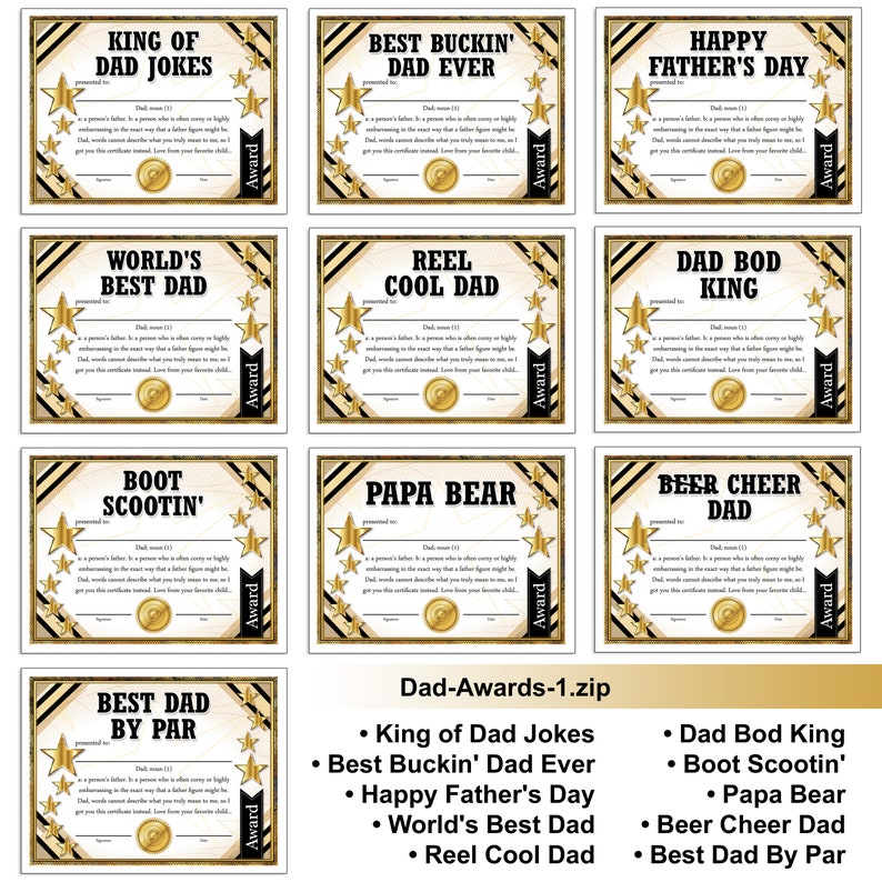 Funny Dad Award Certificates: 50 Father's Day Printables (digital ...