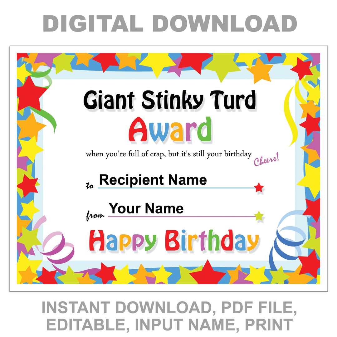 Giant Stinky Turd Funny Happy Birthday Prank Award Certificate, Instant ...