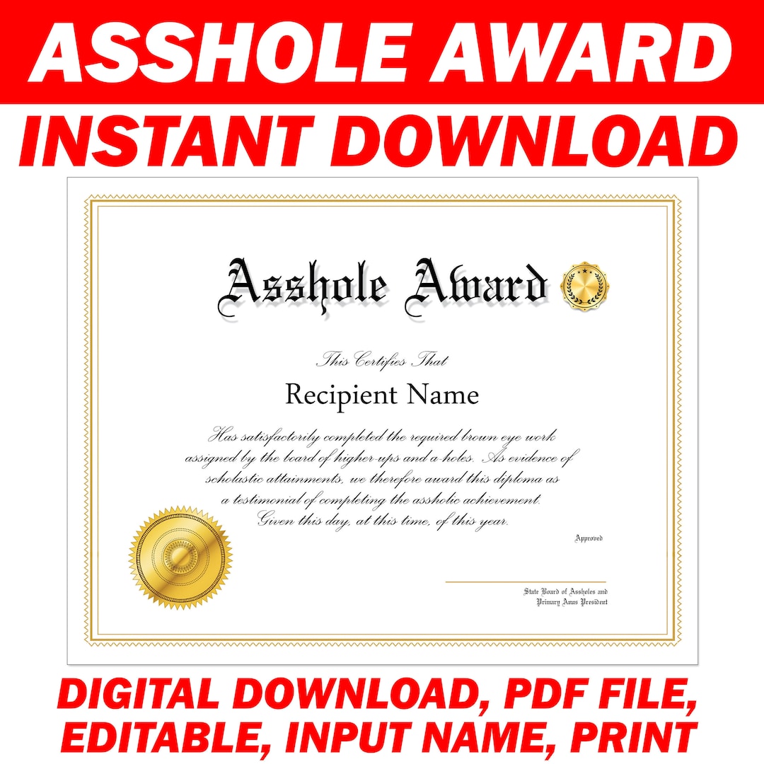 Asshole Award Digital Download Only Editable PDF File Edit - Etsy
