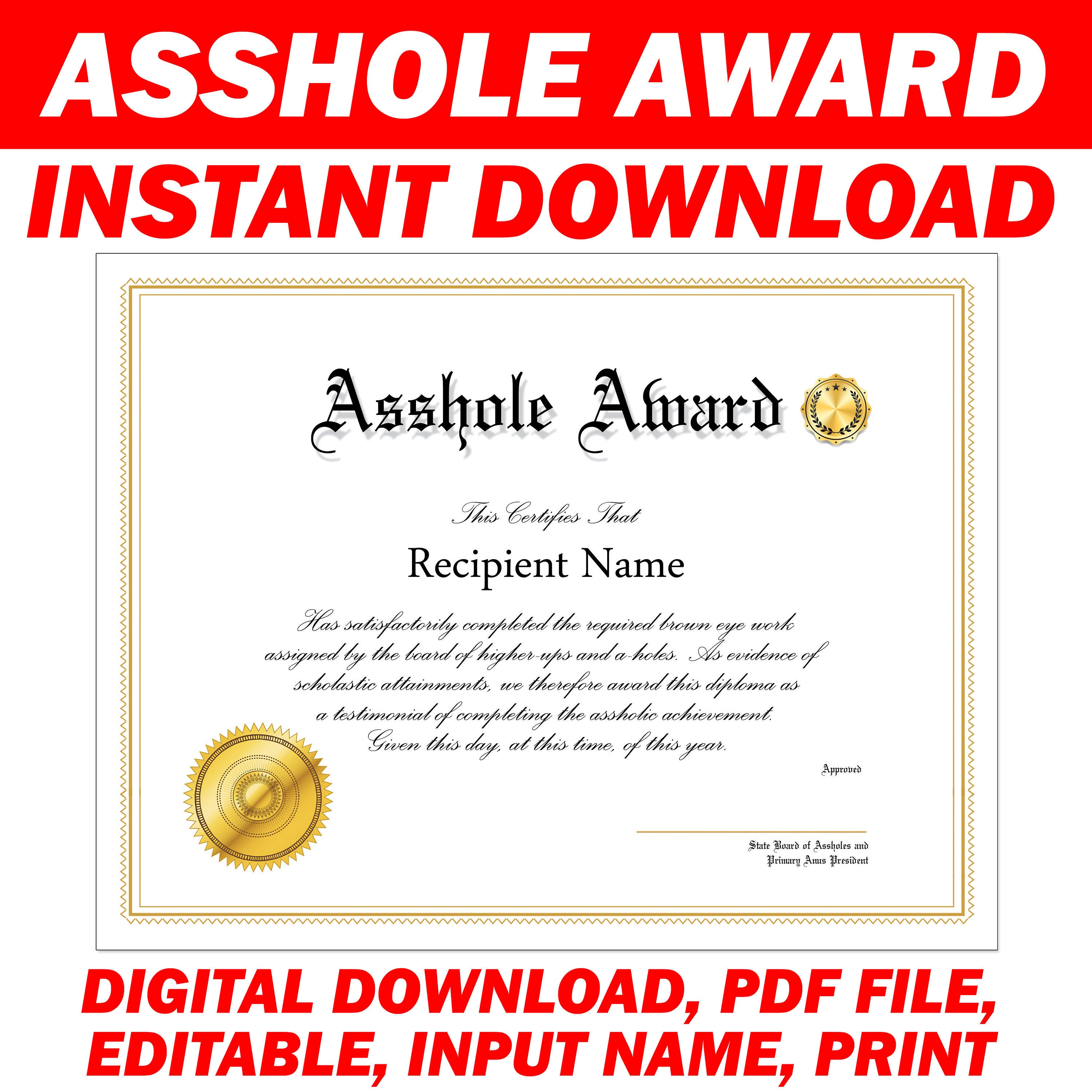 Asshole Award, Digital Download Only, Editable PDF File, Edit Name ...