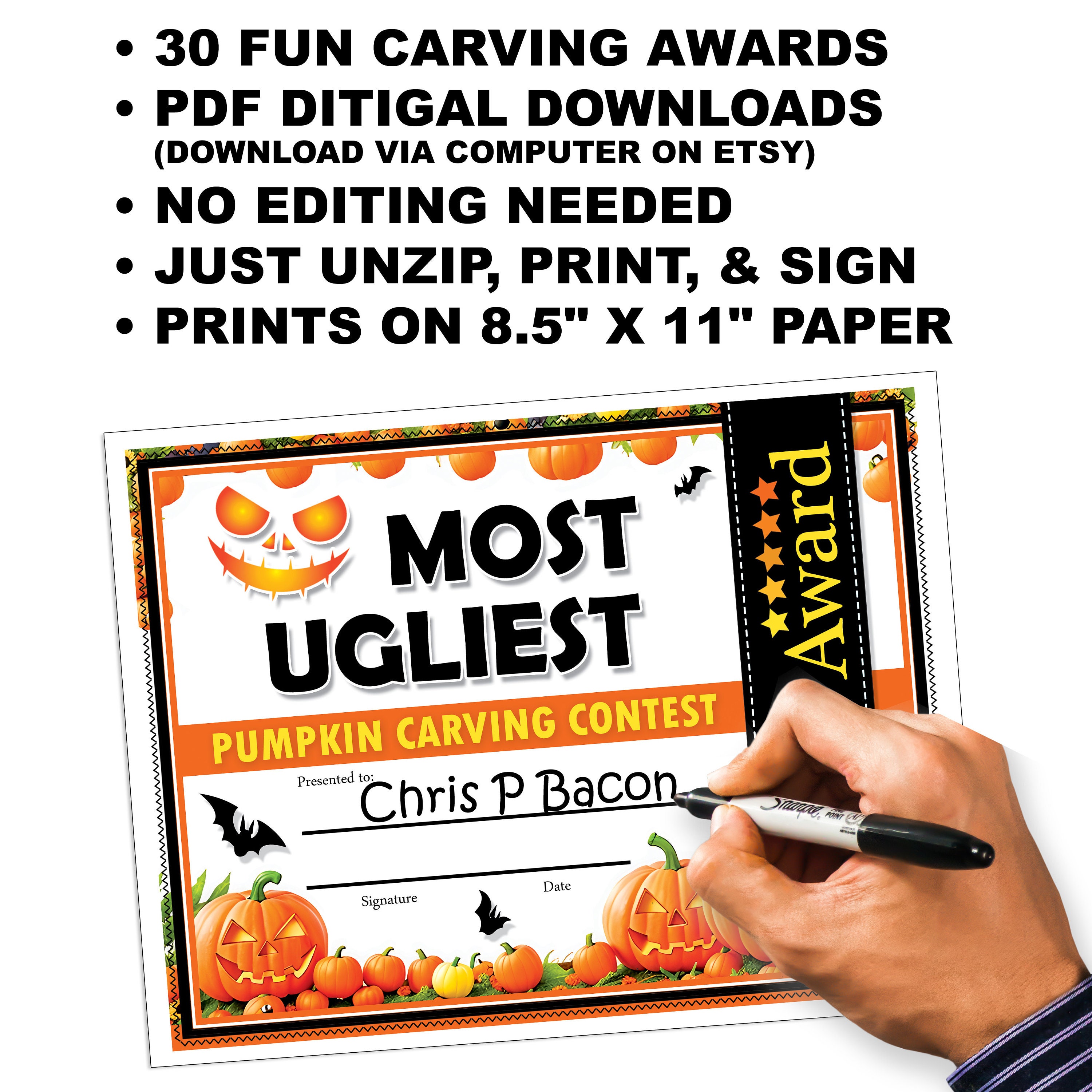 Pumpkin Carving Contest Awards: 30 Printable Certificates (digital ...