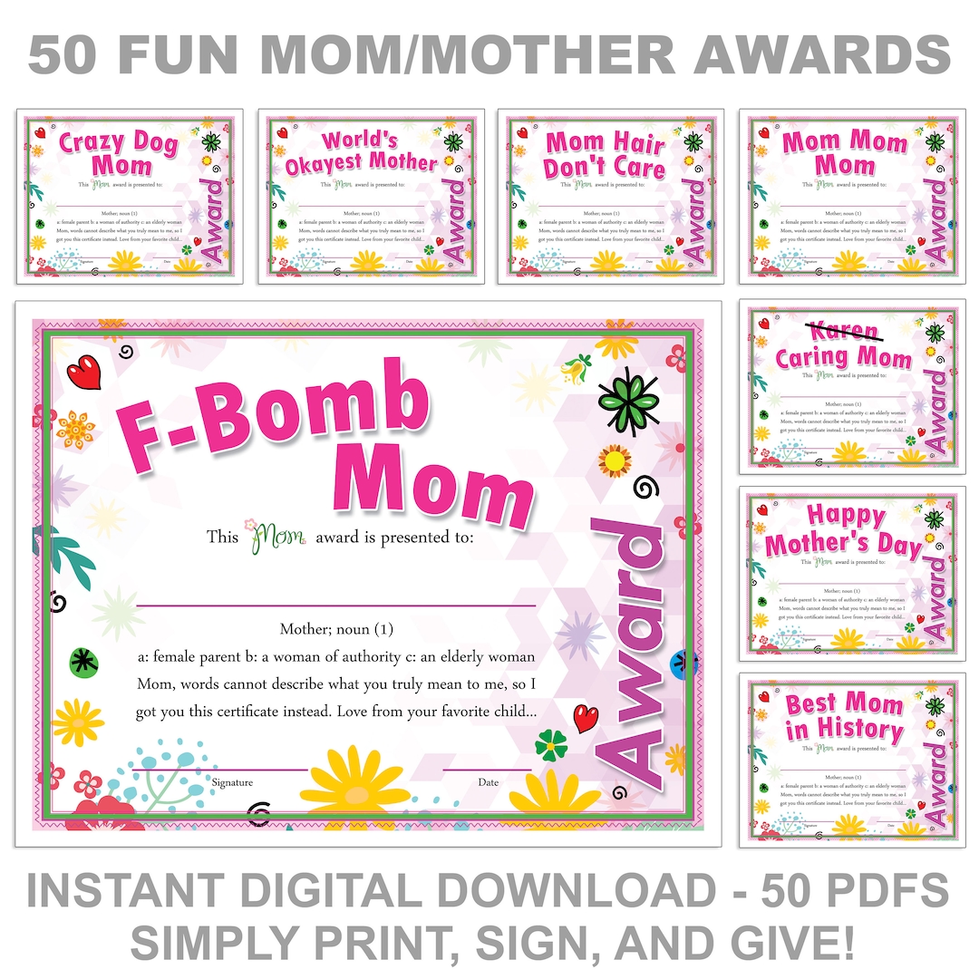 50 Mom or Mother's Day Certificate Awards Digital Download Printables ...