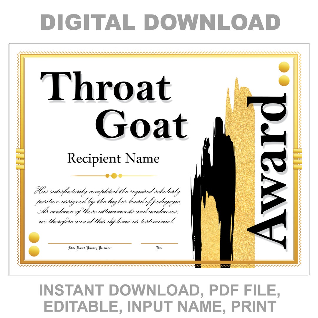 Throat Goat Award Instant Digital Download, Editable PDF File, Edit Recipient Name, Print, Hang ...