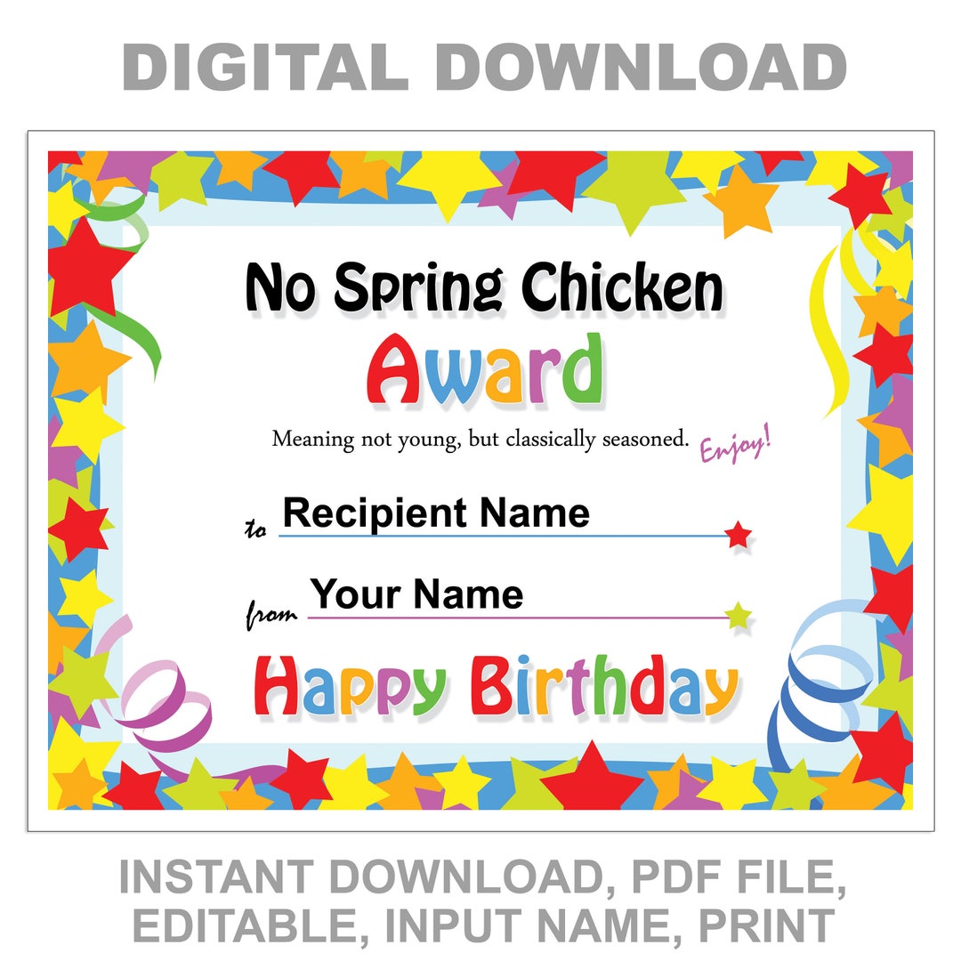 No Spring Chicken Funny Happy Birthday Prank Award Certificate, Instant ...