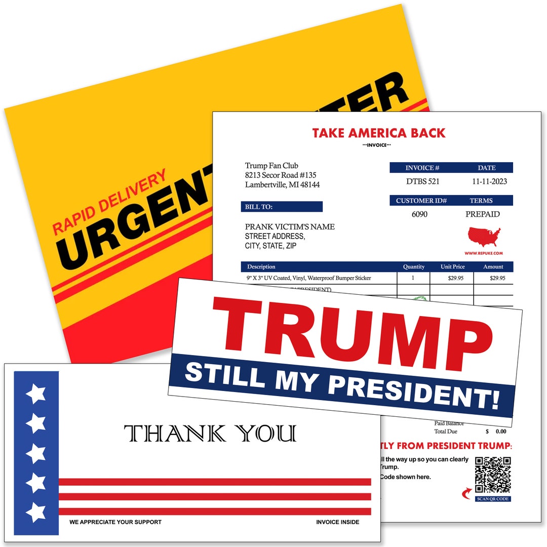 Trump Prank Mail: Bumper Sticker, Fake Invoice & Moaning QR Code - Etsy