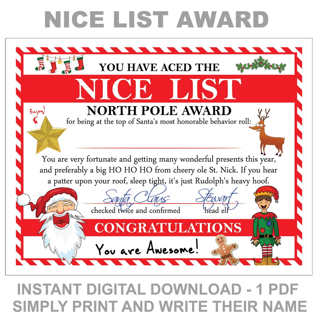 Santa's Nice List Award Certificate: Printable Holiday PDF (digital ...