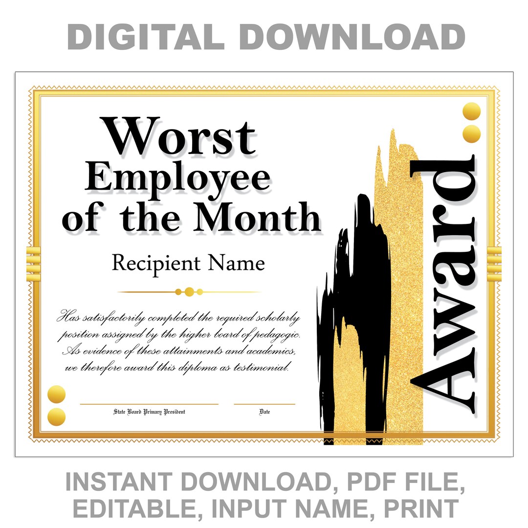 Worst Employee of the Month Award Instant Digital Download, Editable ...