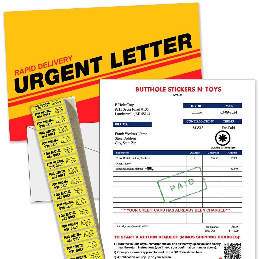 Rectal Use Only Stickers Mail Prank 4 Pranks Fake Invoice, 50 Stickers ...
