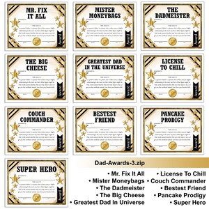 50 Dad Father's Day Certificate Awards Digital Download Printables ...