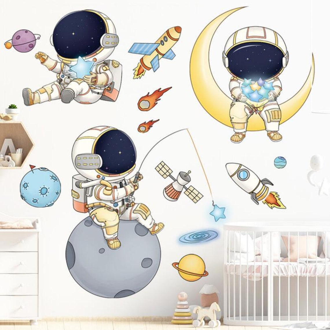 Astronauts Wall Sticker Spaceship Planets Fishing Stars in - Etsy